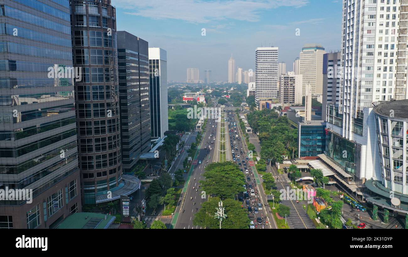 Rush hour traffic captured with blurred motion along the Gatot Subroto ...