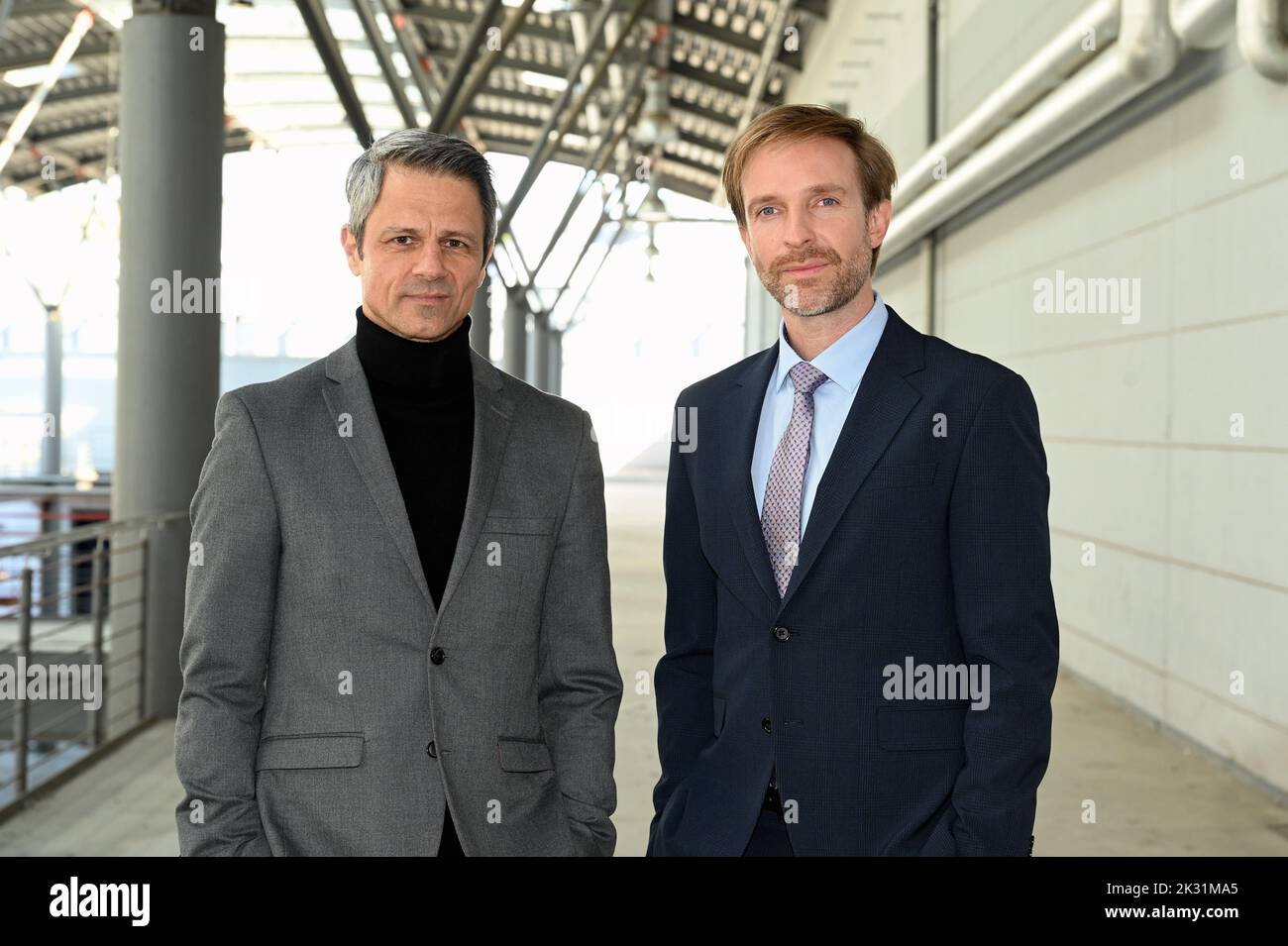 Cologne, Germany. 22nd Sep, 2022. Actors Jens Hajek (r) and Hugo Grimm have their picture taken ...