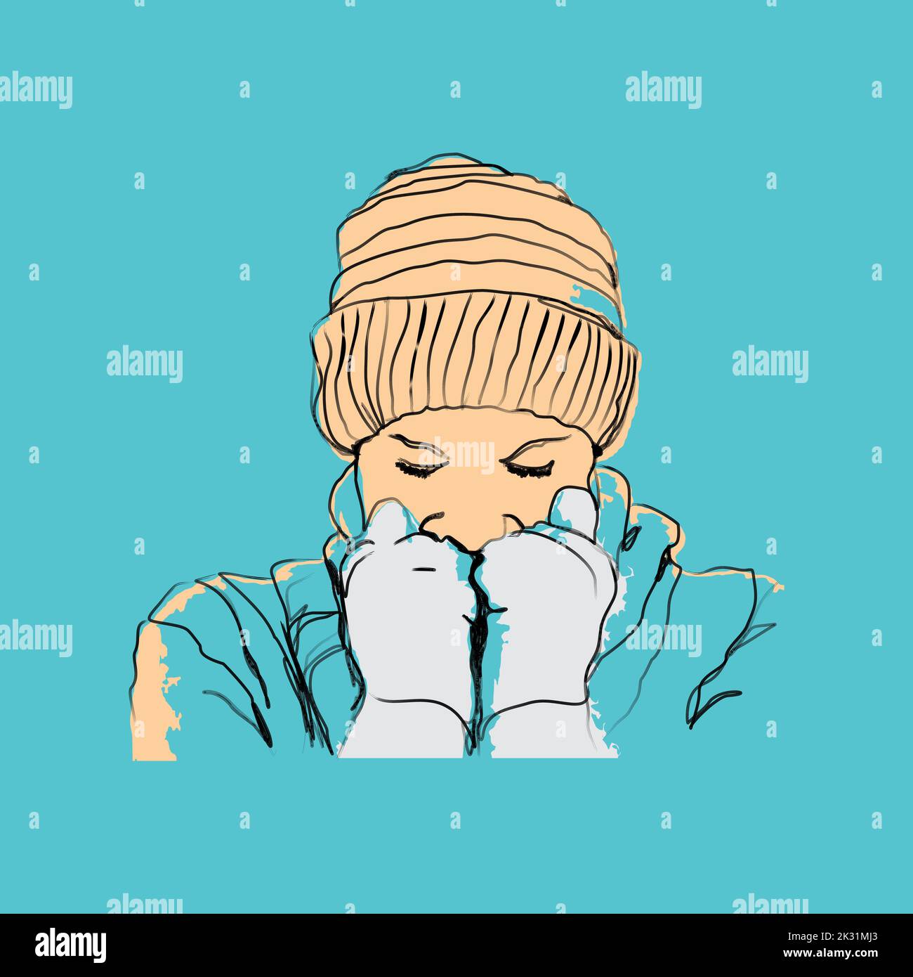 Hand drawn illustration of a cold person. Perfect for design elements ...