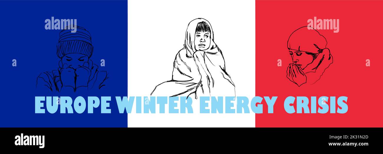 Hand drawn illustration of a cold person on a France flag background ...