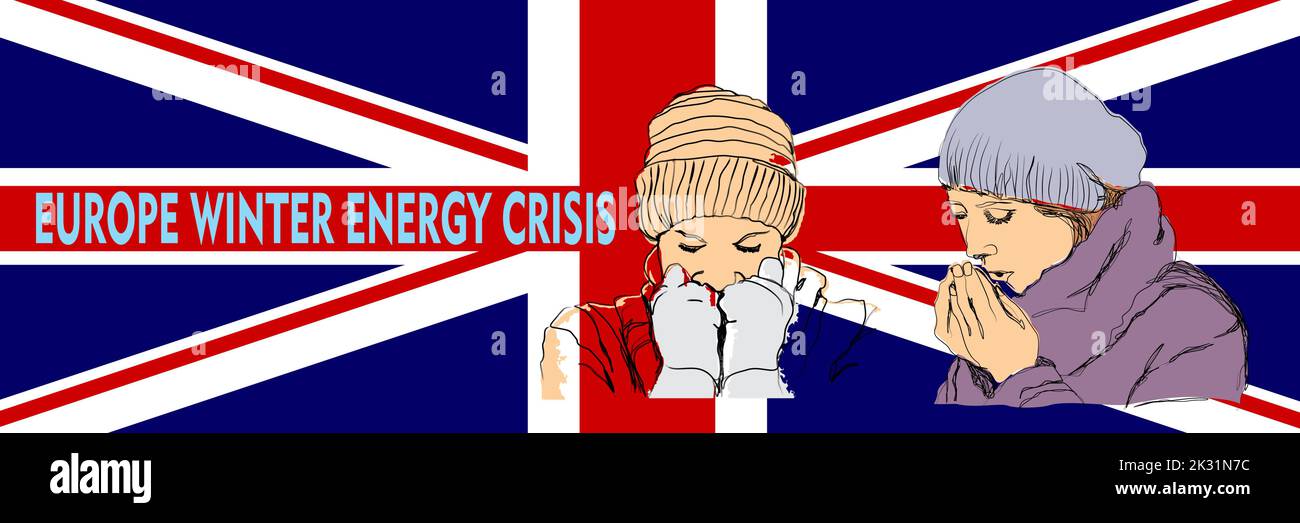 Hand drawn illustration of a cold person on a United Kingdom flag ...
