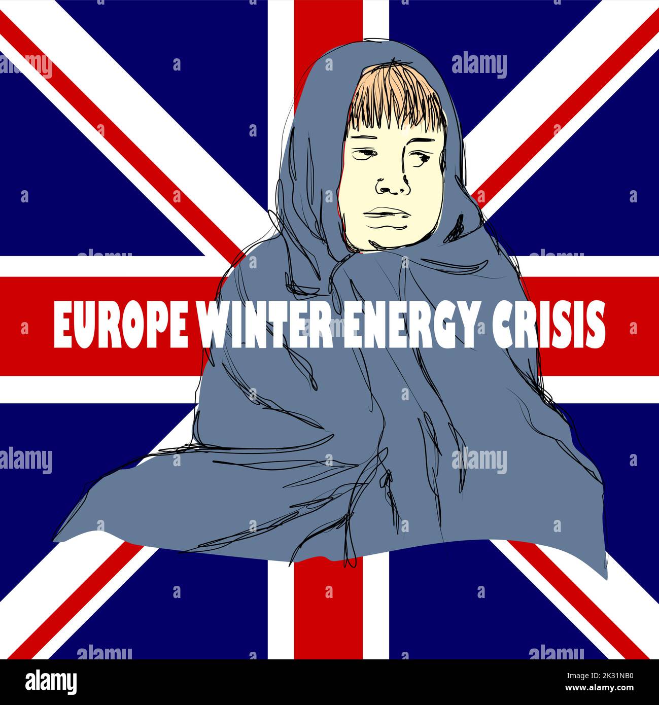 Hand drawn illustration of a cold person on a United Kingdom flag ...