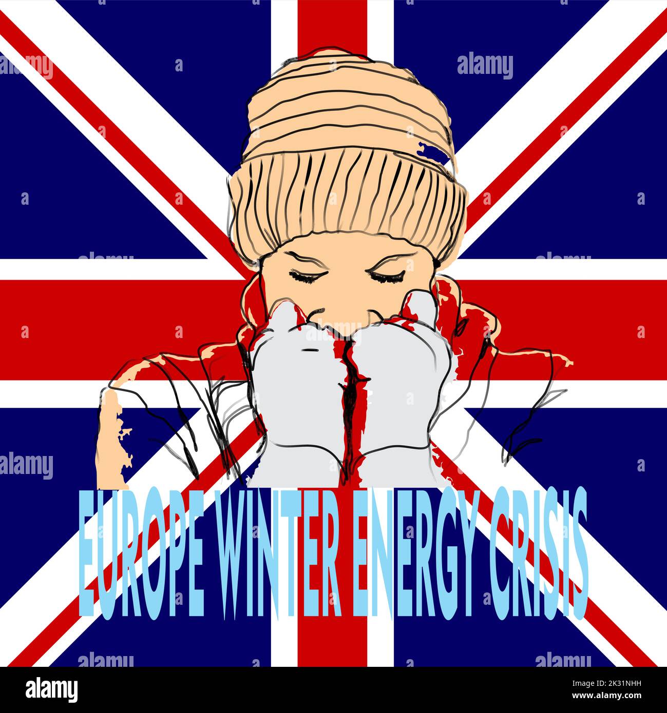 Hand drawn illustration of a cold person on a United Kingdom flag ...