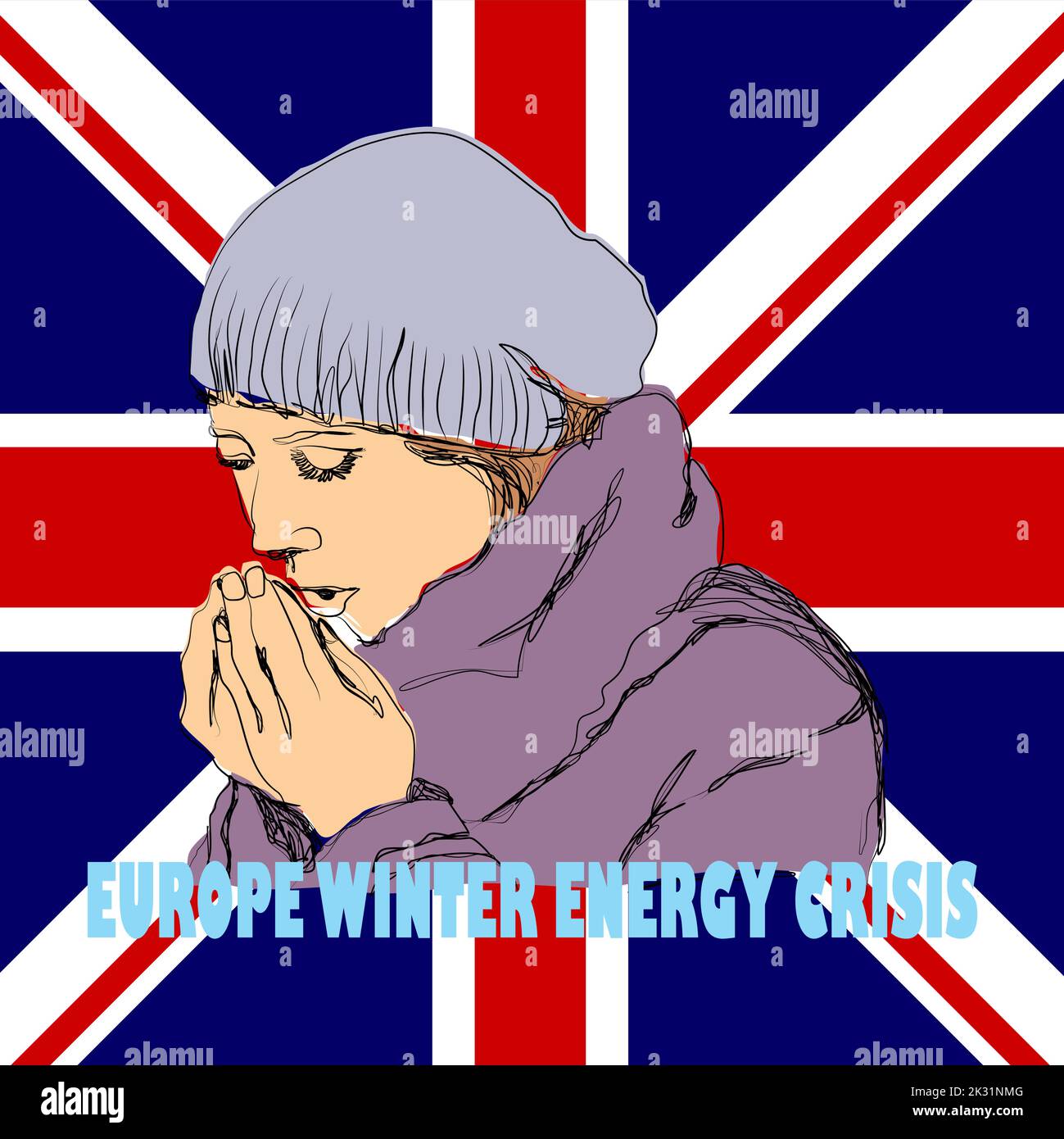 Hand drawn illustration of a cold person on a United Kingdom flag ...