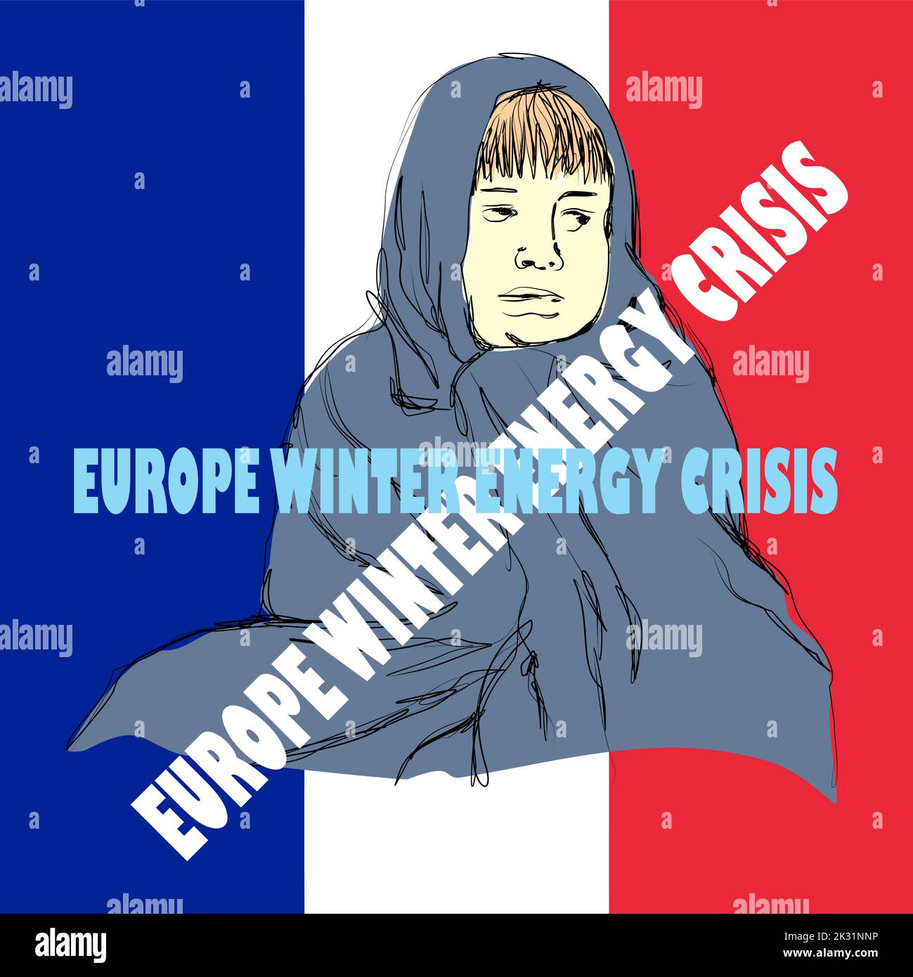 Hand drawn illustration of a cold person on a France flag background ...
