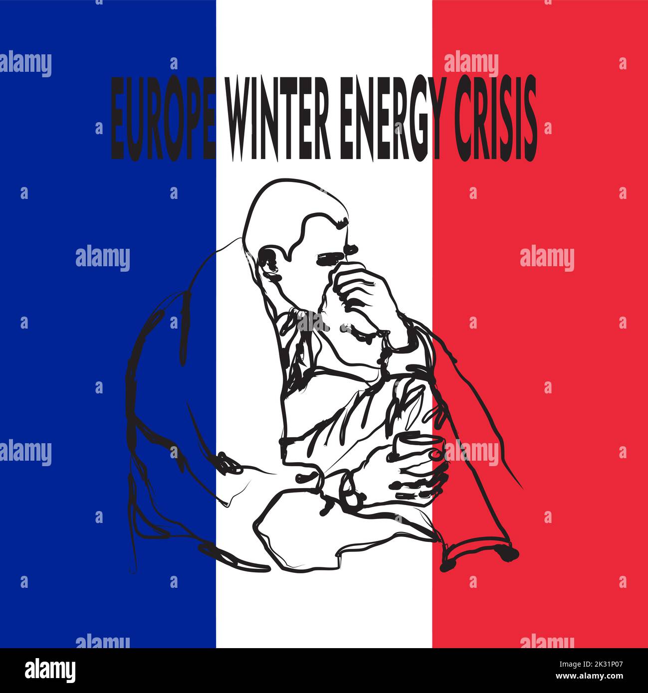 Hand drawn illustration of a cold person on a France flag background ...