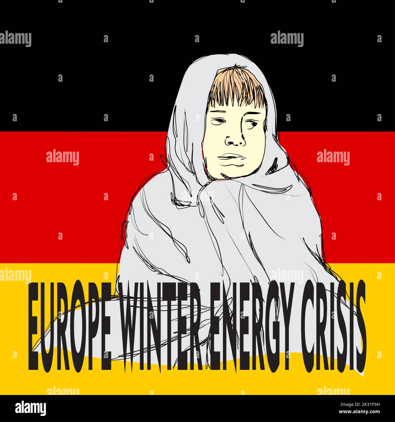 Hand drawn illustration of a cold person on a german flag background ...