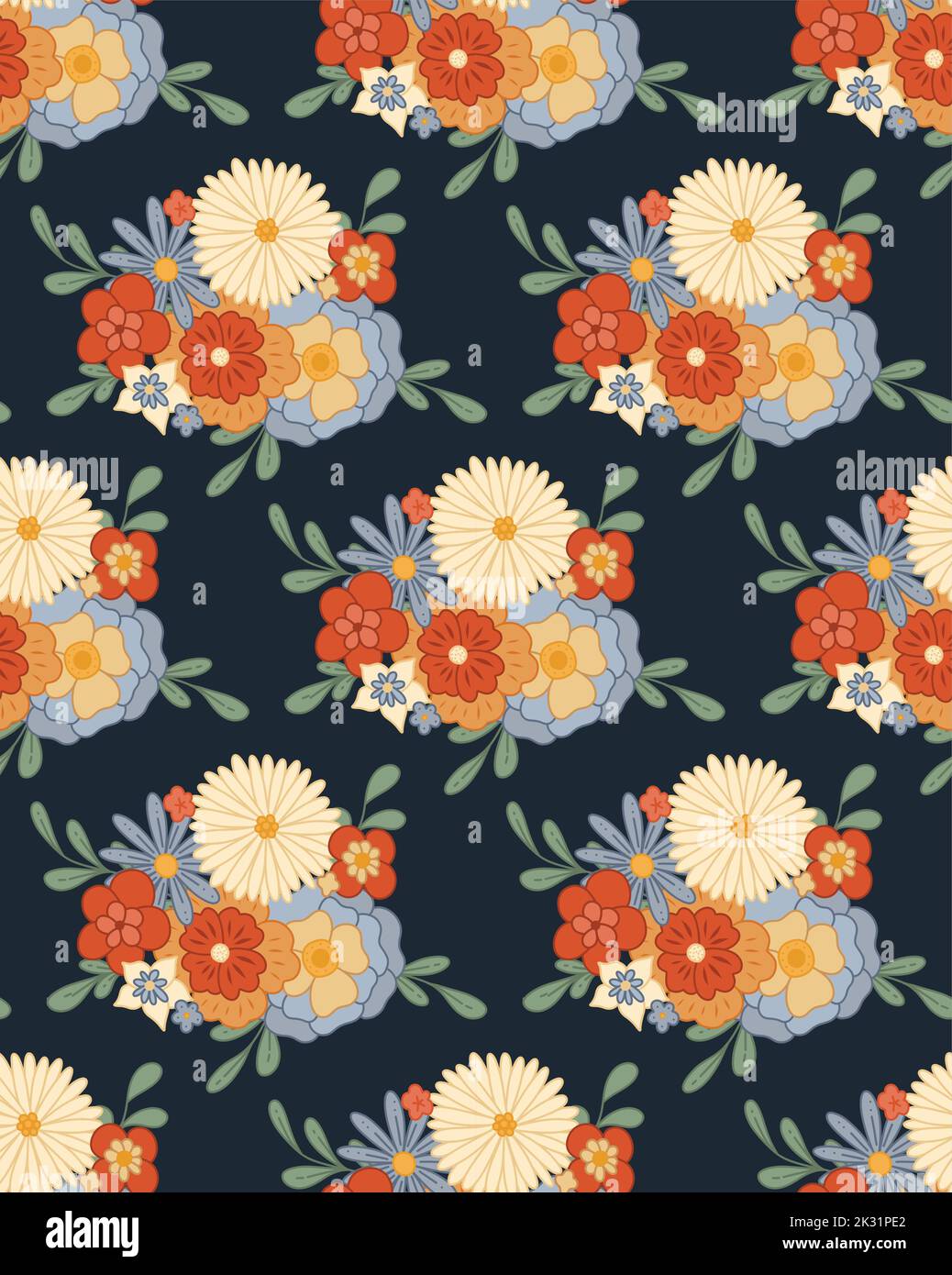 Ditsy hippie texture with bouquet groovy flowers with stems in row on ...