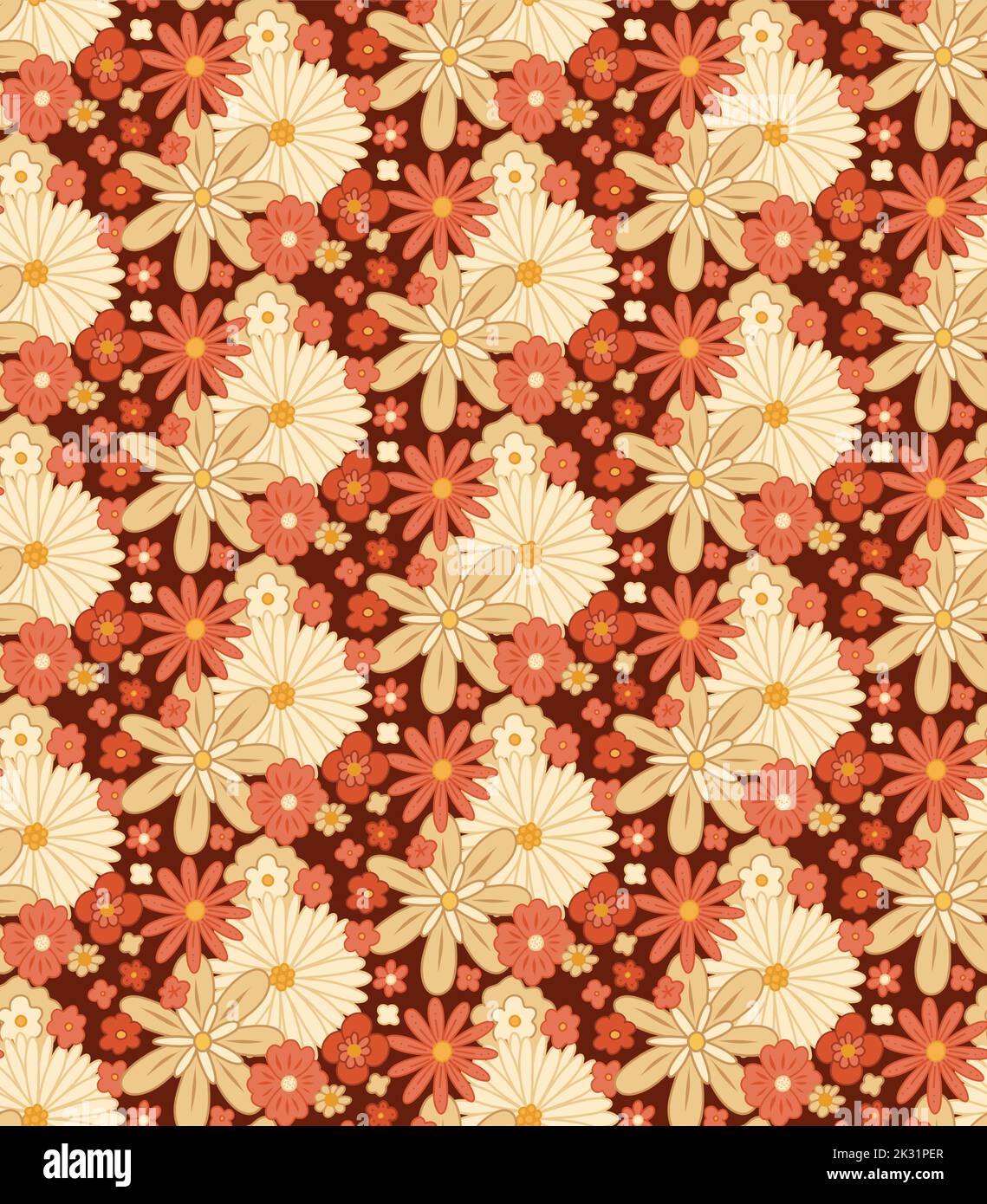 Vector seamless retro pattern with dense groovy flowers. Ditsy hippie ...