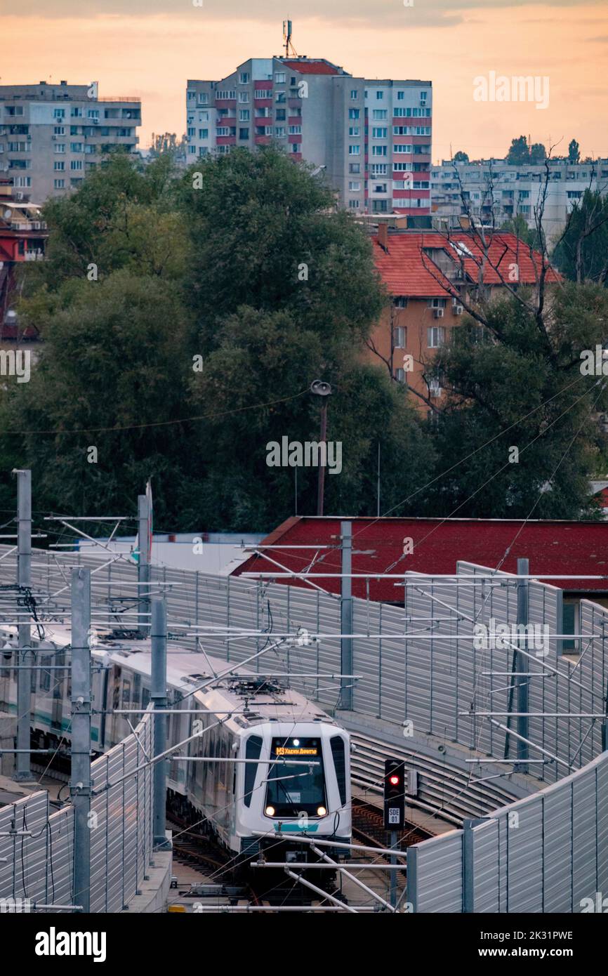 A vertical shot of trams on the metro line in Sofia city, Bulgaria ...