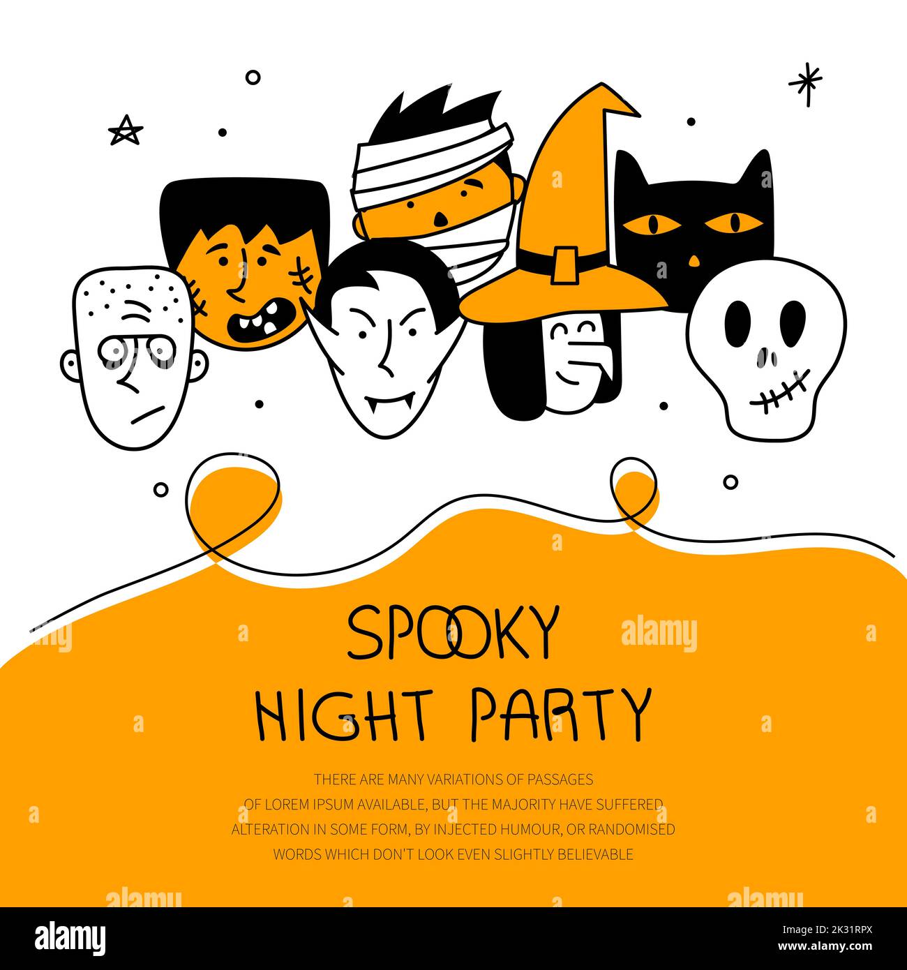 Halloween creepy faces vampire, witch, zombie, mummy, cat and phrase ...