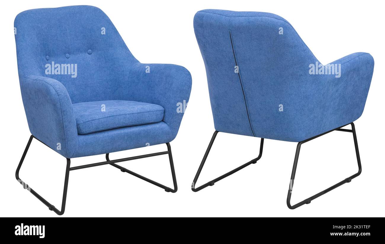 Designer upholstered chair. Made of blue textiles. Isolated on a white ...