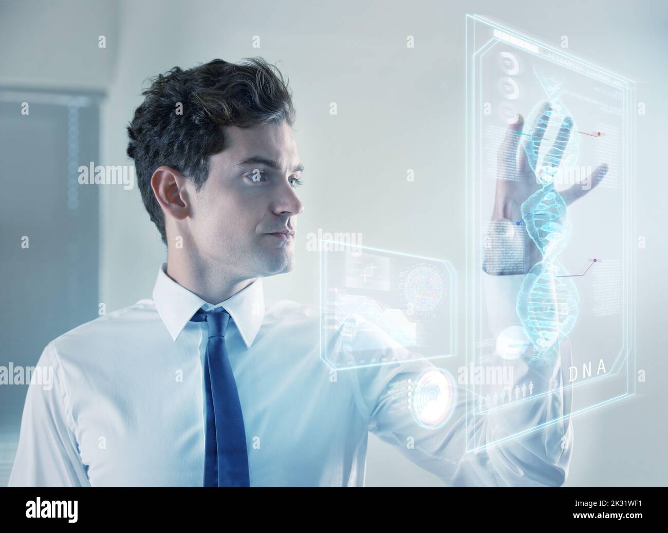 a young businessman using a cgi digital interface- ALL screen content ...