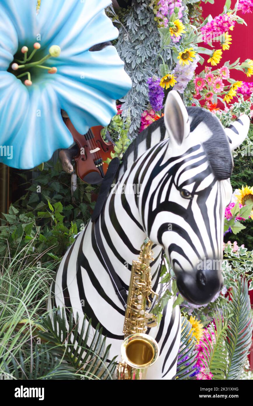 Zebra and saxophone display, London Stock Photo - Alamy