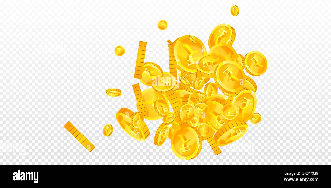Indian rupee coins falling. Scattered gold INR coins. India money ...