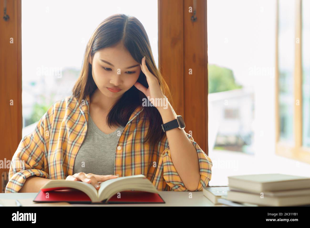 Education and literacy concept, College student girl feel confused ...