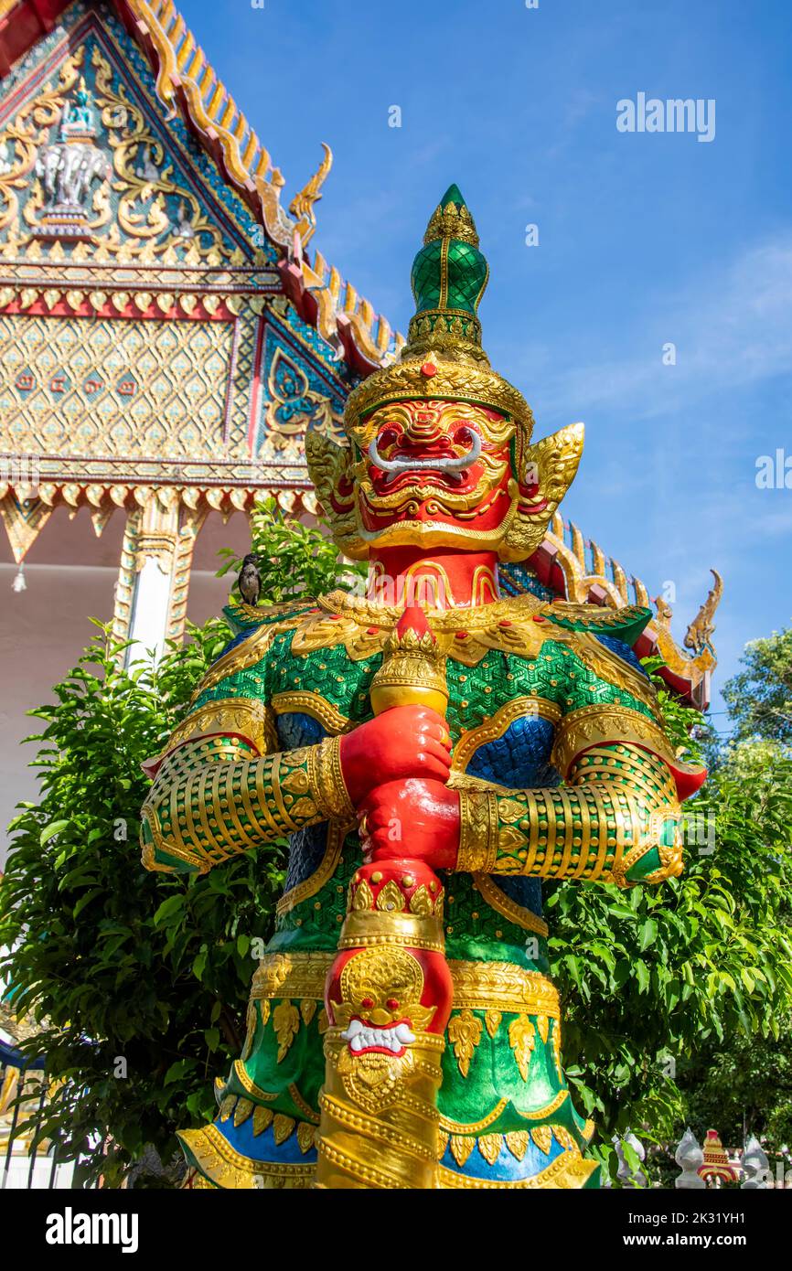 the Yaksha statue in front of Wat Pho Bang Khla in Chachoengsao ...