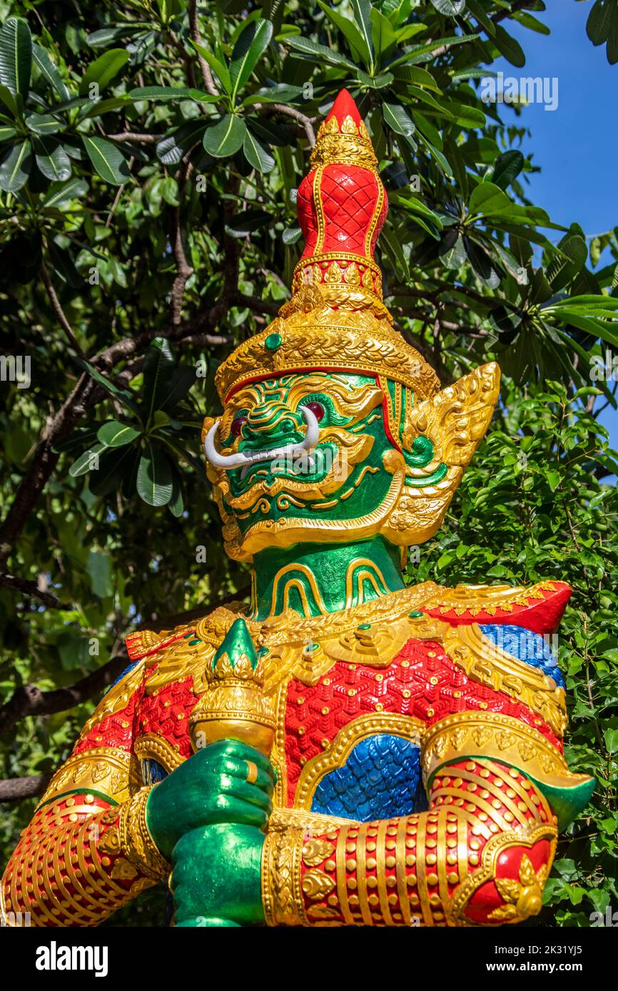 the Yaksha statue in front of Wat Pho Bang Khla in Chachoengsao ...