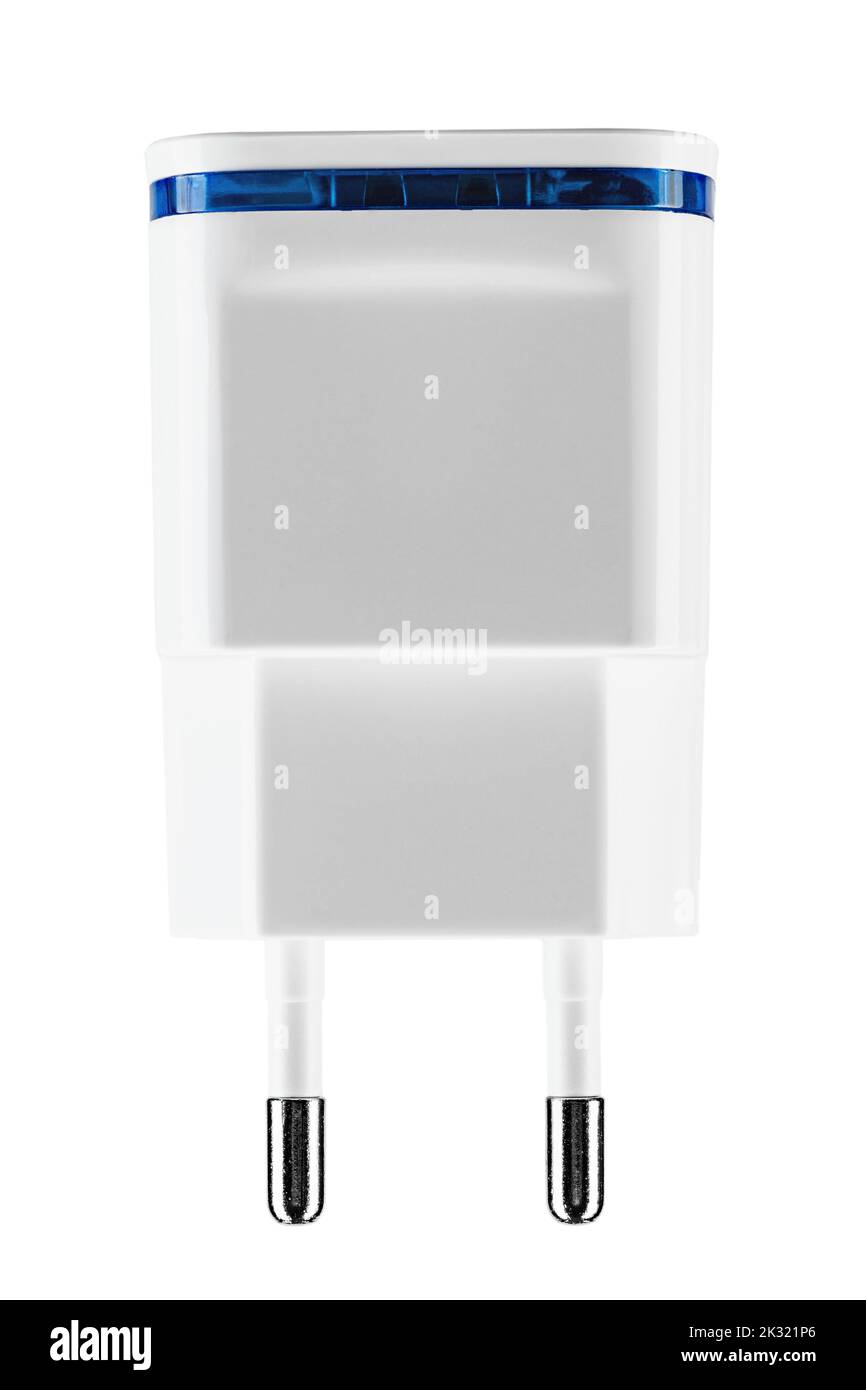 Side view of blank wall charger plug. Charger adapter. Universal two ...