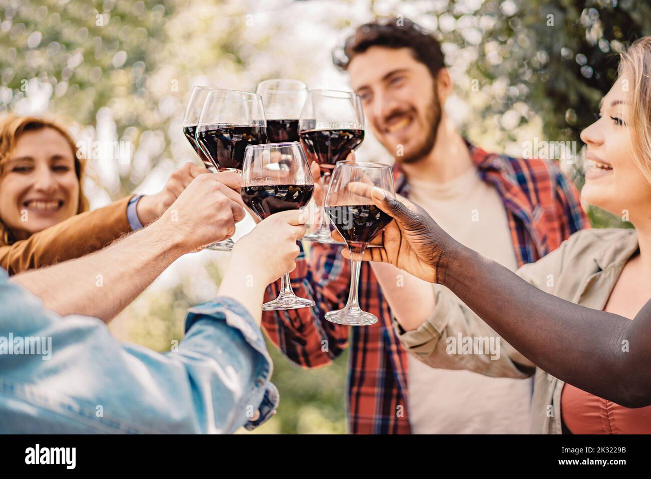Hands toast with red wine - People having fun cheering outside at pic ...
