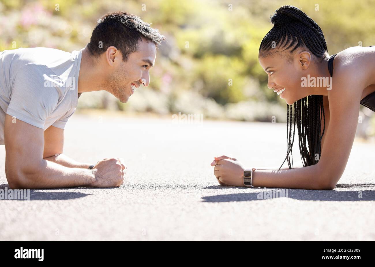 Energy, exercise and couple plank workout outdoors, bonding, playful ...