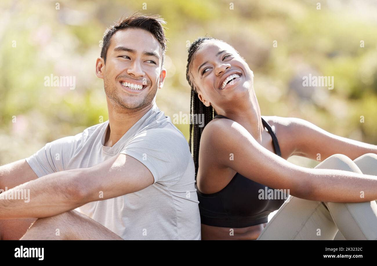 Couple rest after mountain hiking nature adventure, young black woman ...