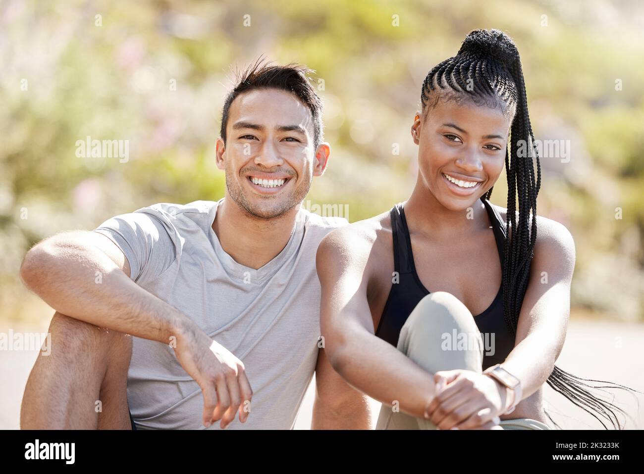 Fitness, portrait and happy and diverse couple bonding after morning ...