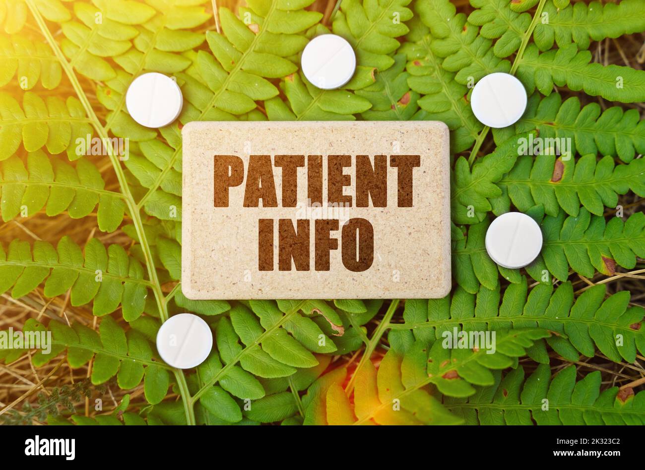 Medicine concept. On a green leaf of the plant are pills and a sign ...
