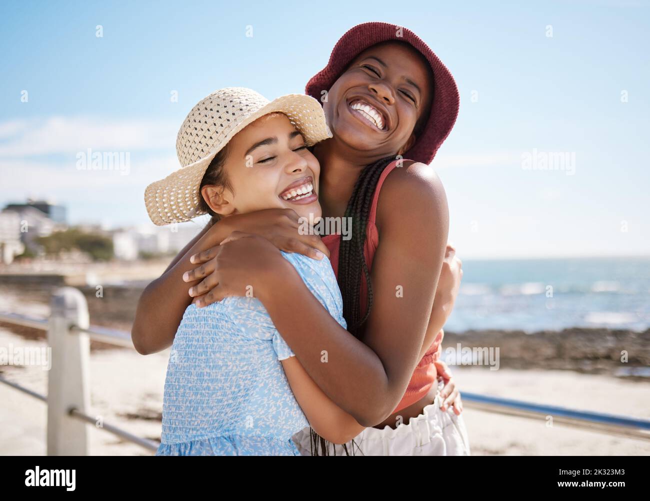 Happy, friends smile and hug on beach on holiday in summer. Traveling ...