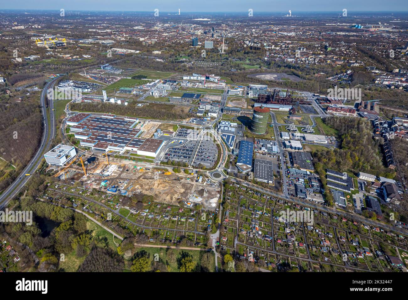Aerial view, Phoenix West industrial park with gasometer and Wilo Park ...