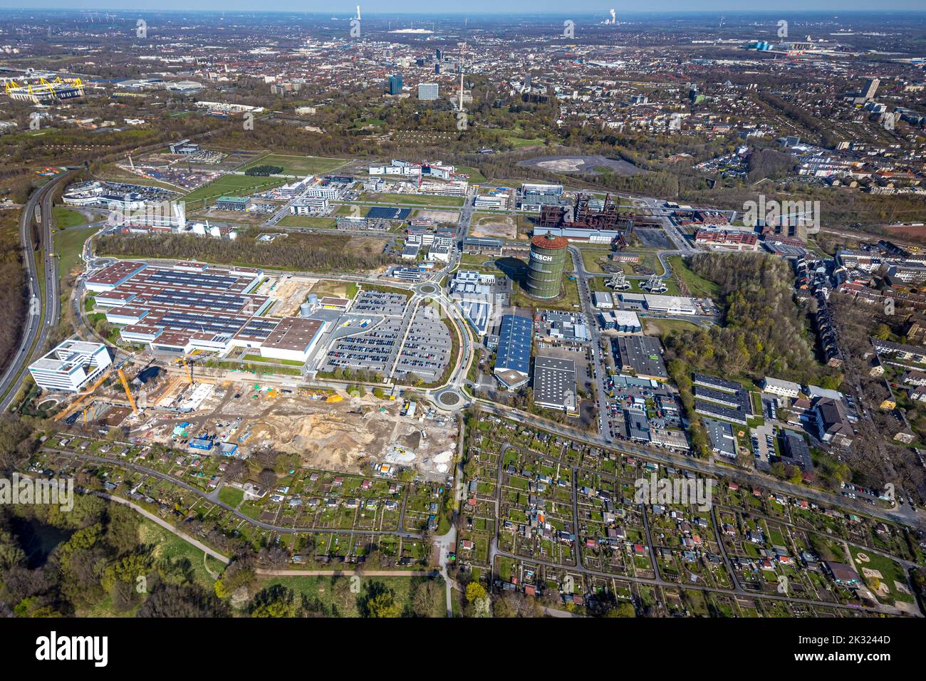Aerial view, Phoenix West industrial park with gasometer and Wilo Park ...