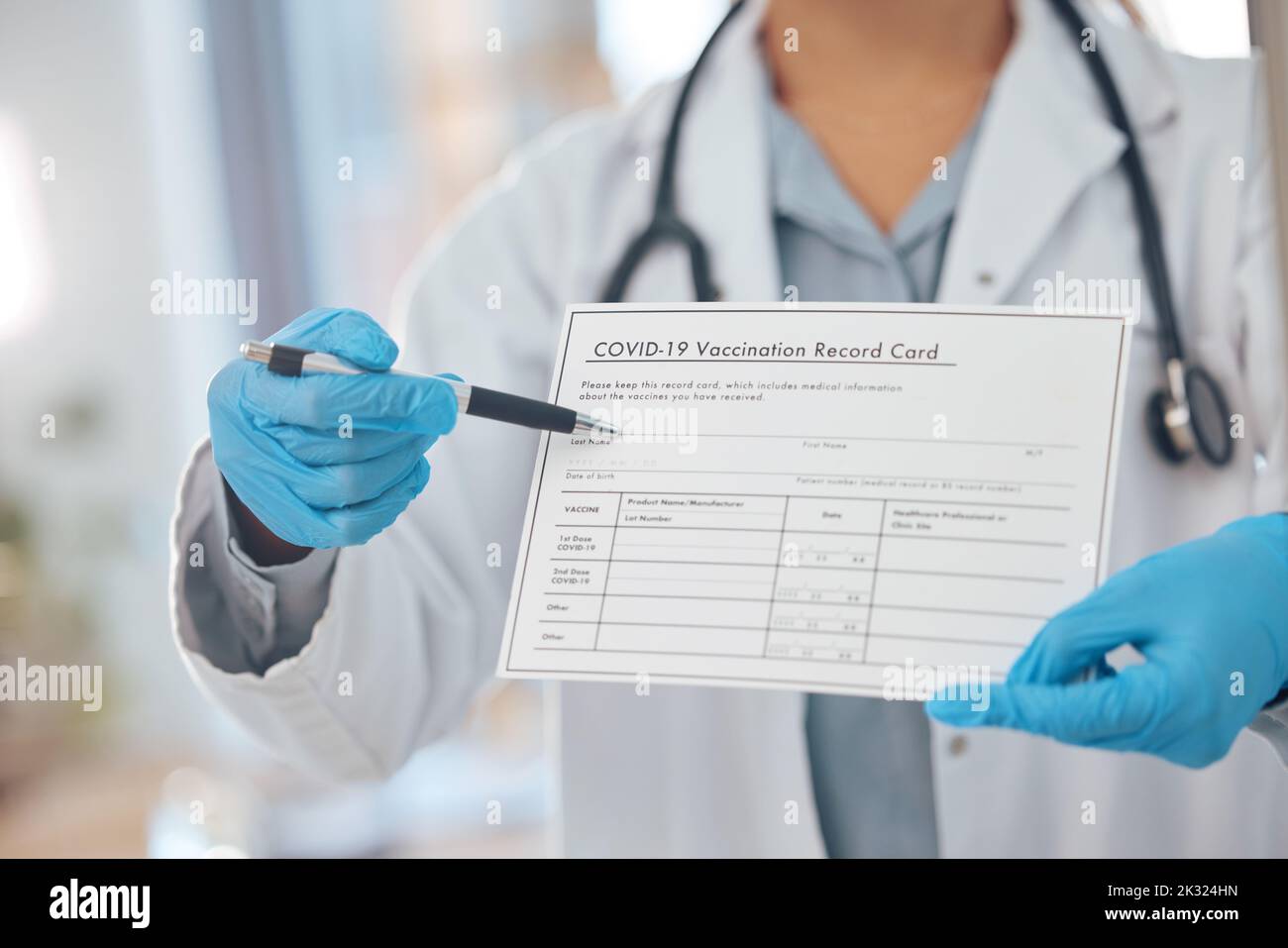 Woman, doctor and covid vaccine card for hospital compliance, travel ...