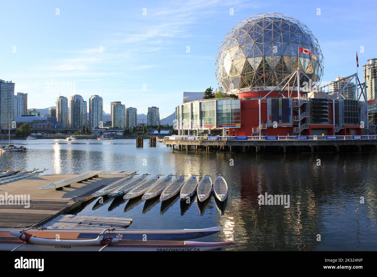 The Science World museum building before the False Creek under the blue ...