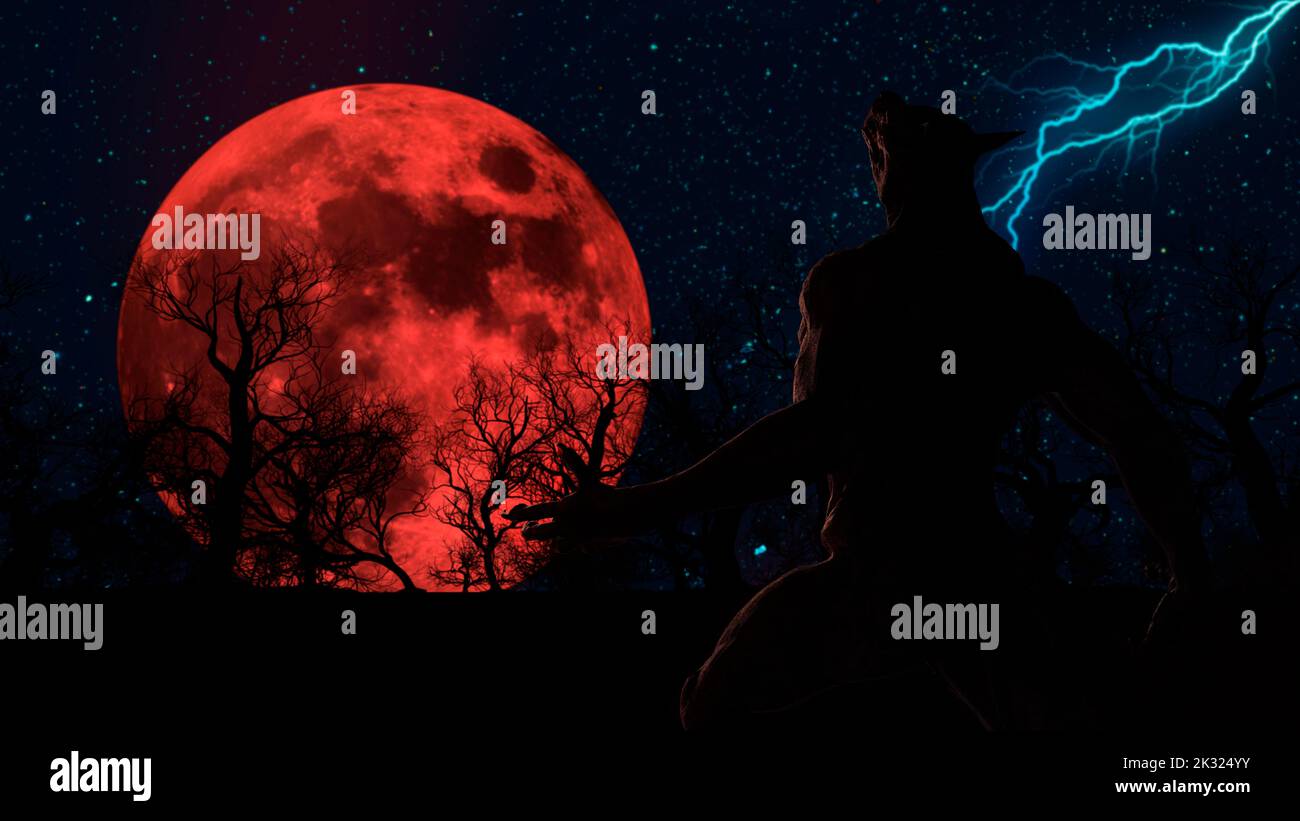Illustration of a werewolf during the blood moon in the creepy forest ...