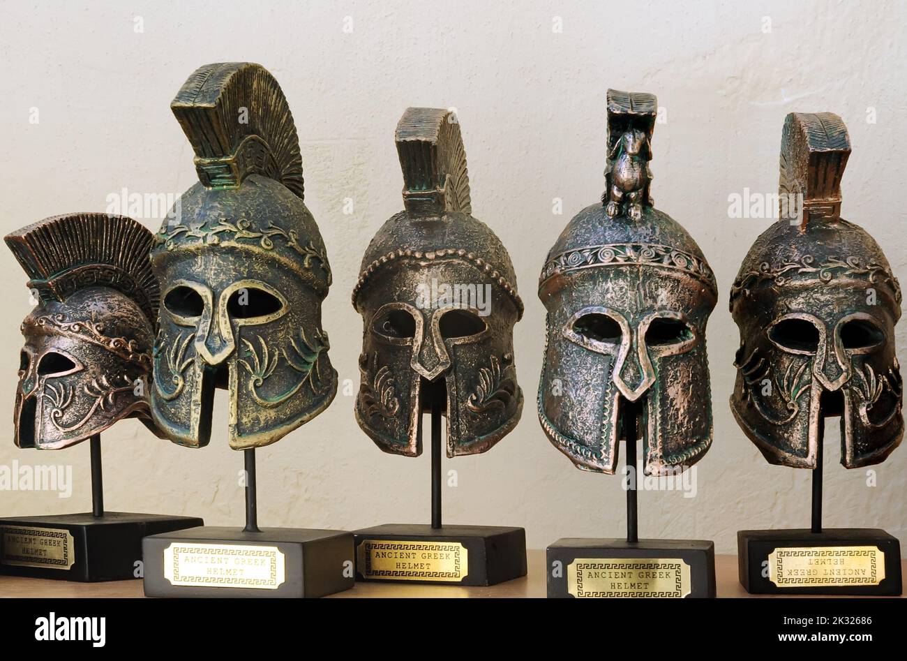 Tiny ancient greek helmets in souvenir shop in Chania, Crete, Greece ...