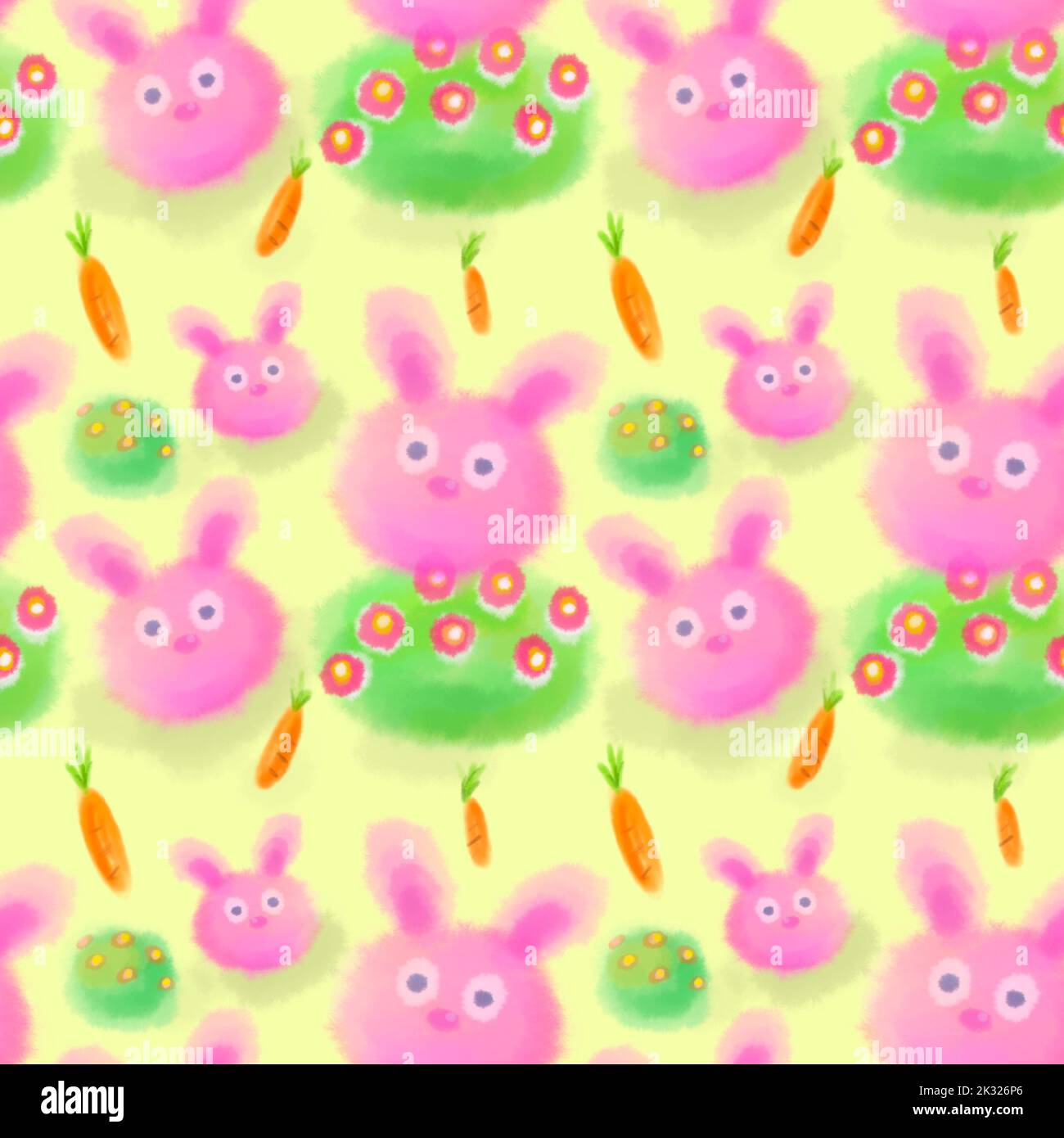 Seamless pattern of fluffy pink rabbits on white background with ...