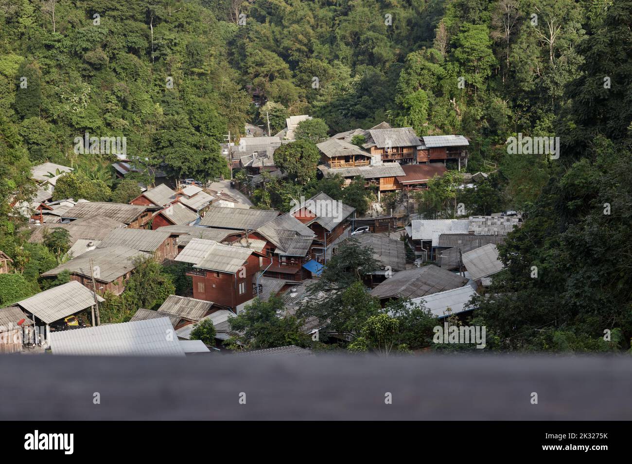 Thai local villages among the forest in the valley at Mae Kampong ...