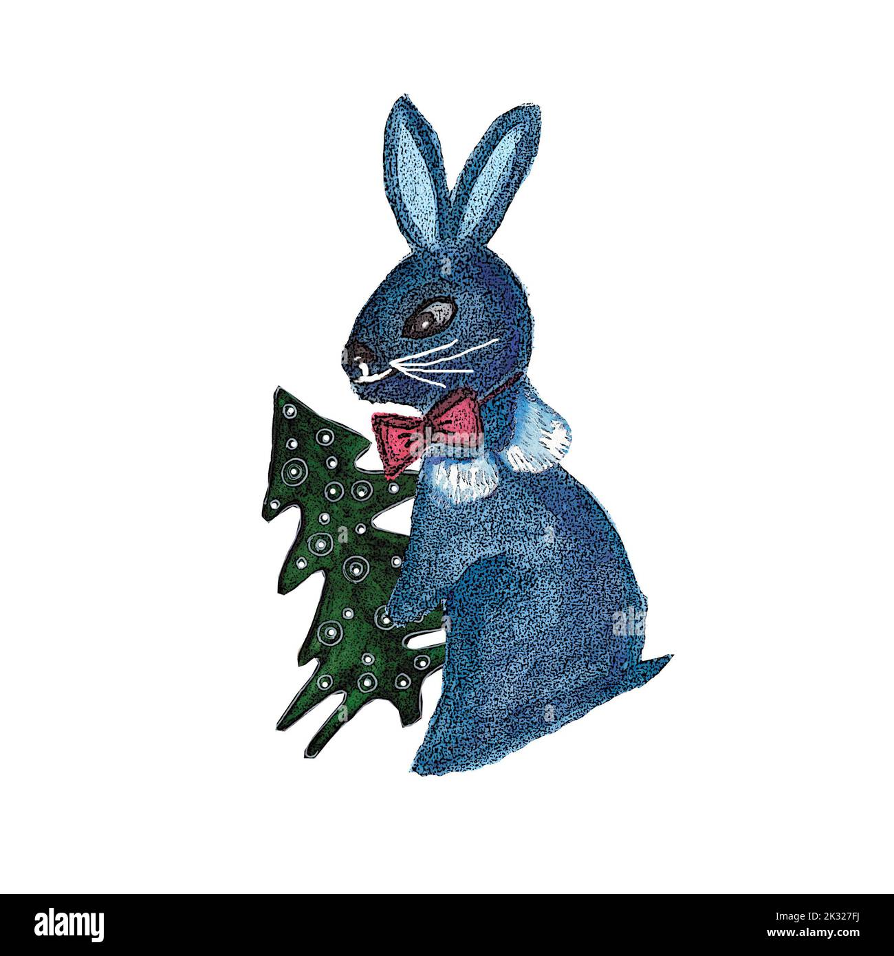 Watercolor illustrations of cute blue rabbit with Christmas tree. Icon ...