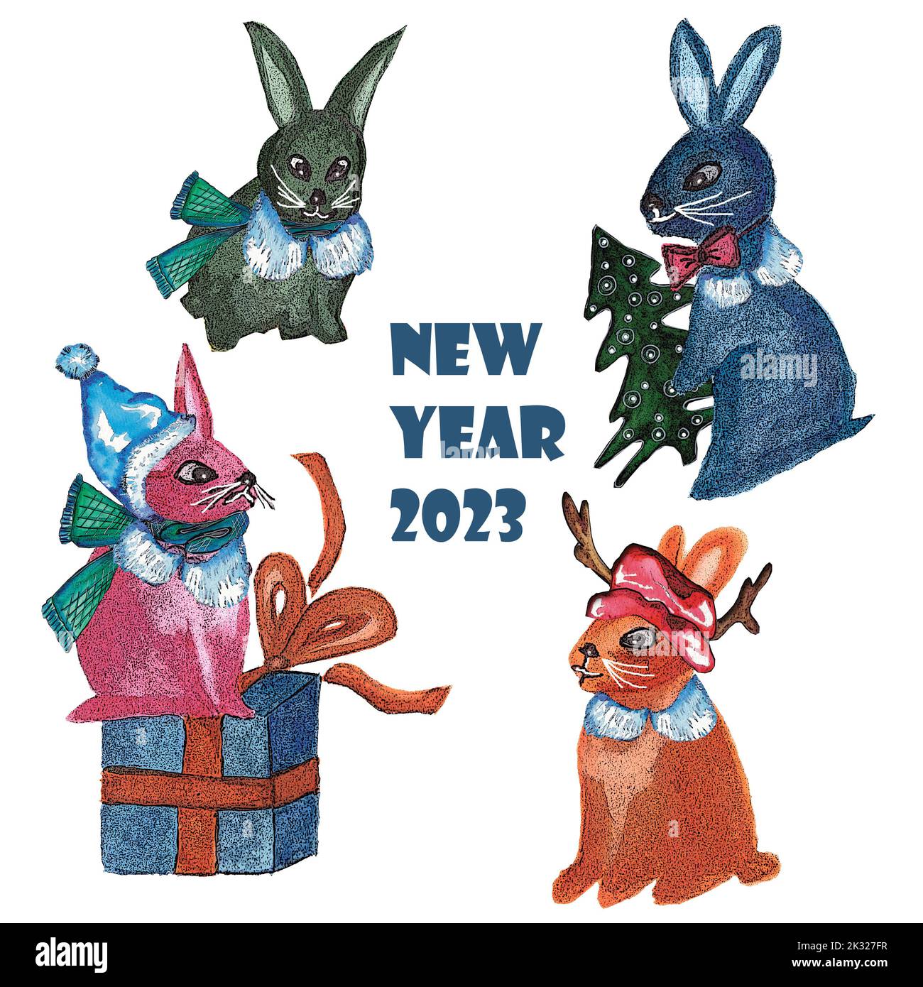 Watercolor New Year 2023 set of colored rabbits with Christmas ...