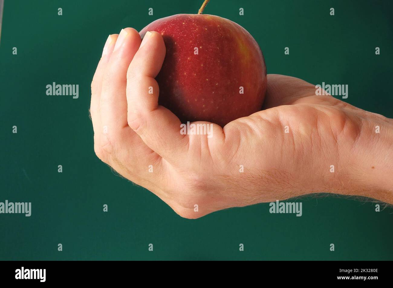 A red juicy apple in human palm on dark green background Stock Photo ...