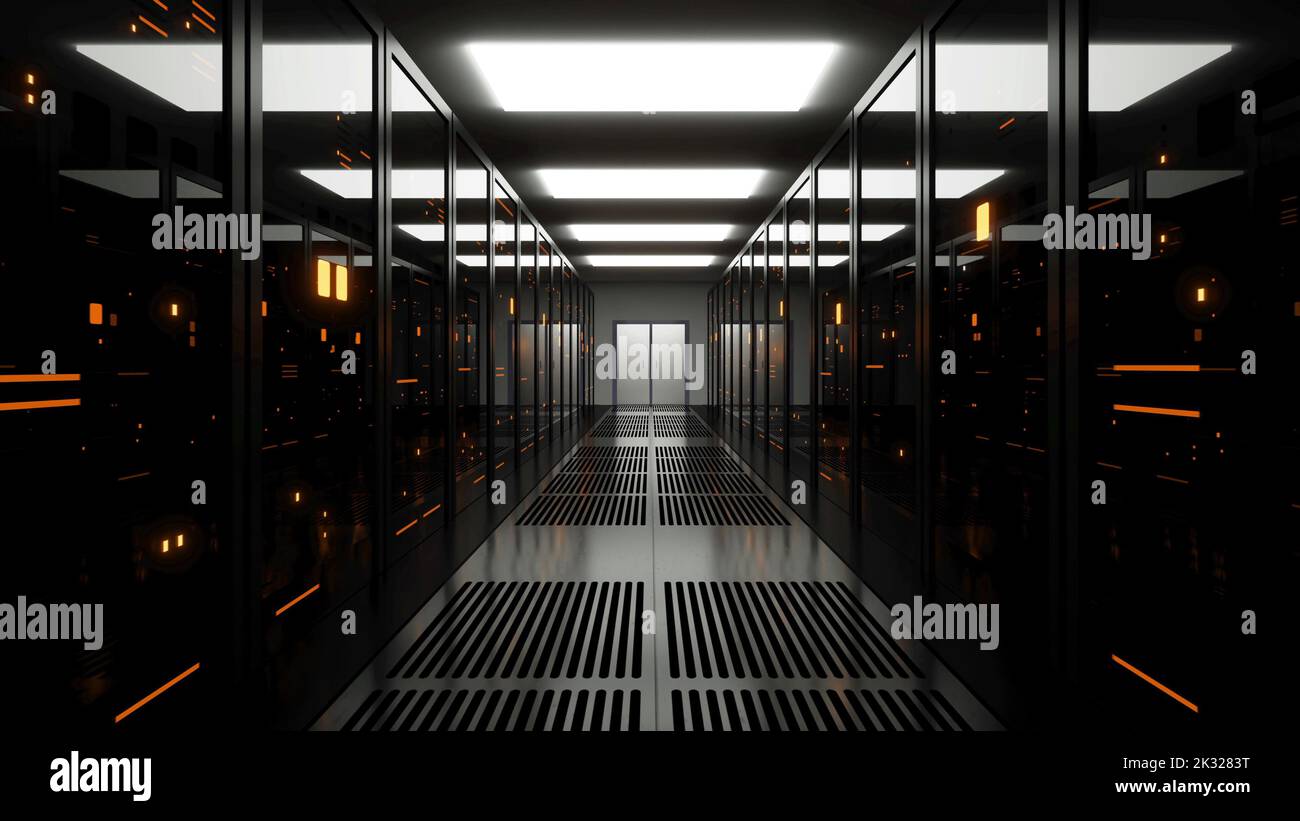 Server room data center corridor with yellow lights. 3D render illustration of the cloud ...
