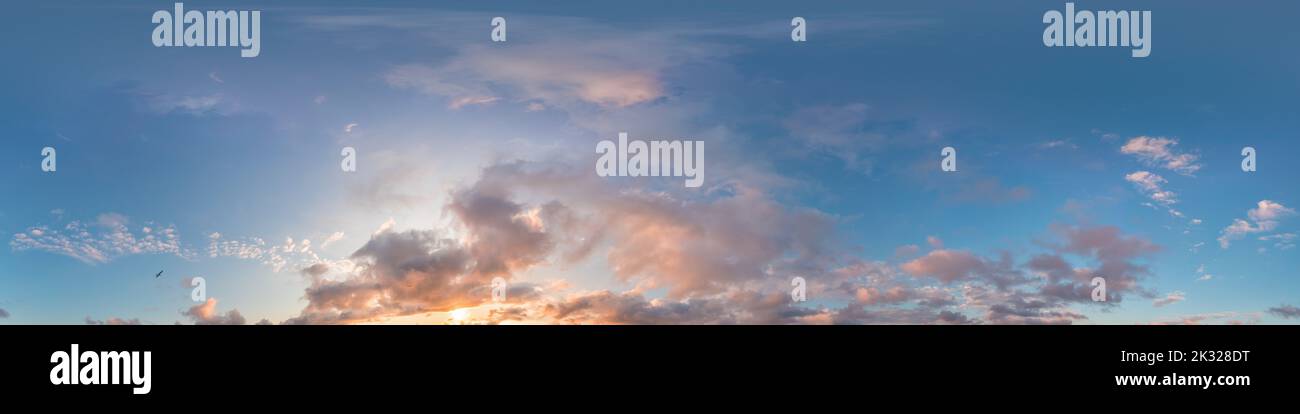 Dark blue sunset sky panorama with pink Cumulus clouds. Seamless hdr ...