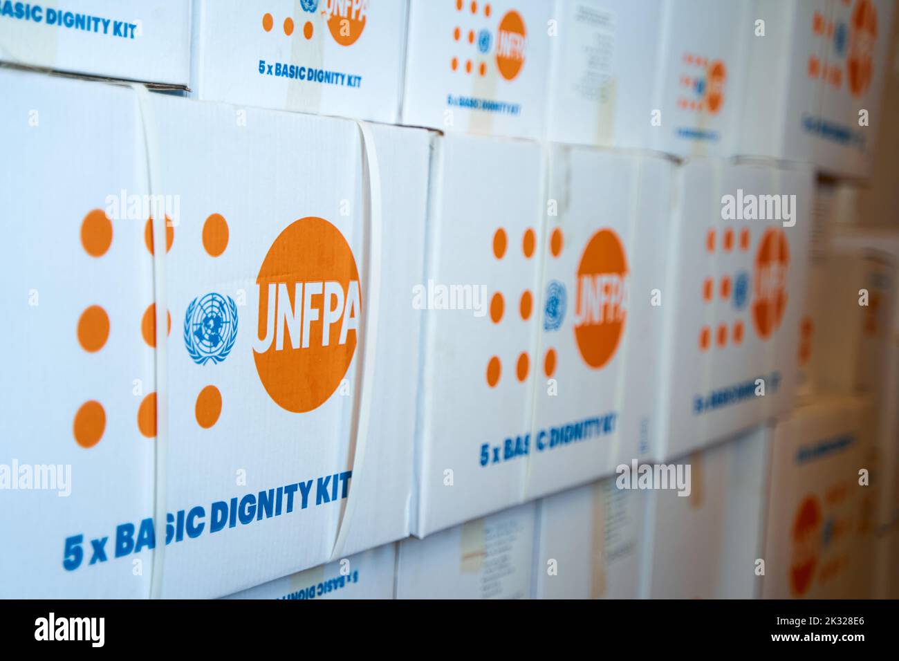 Boxes with humanitarian aid for temporary moved Ukrainian people on the ...