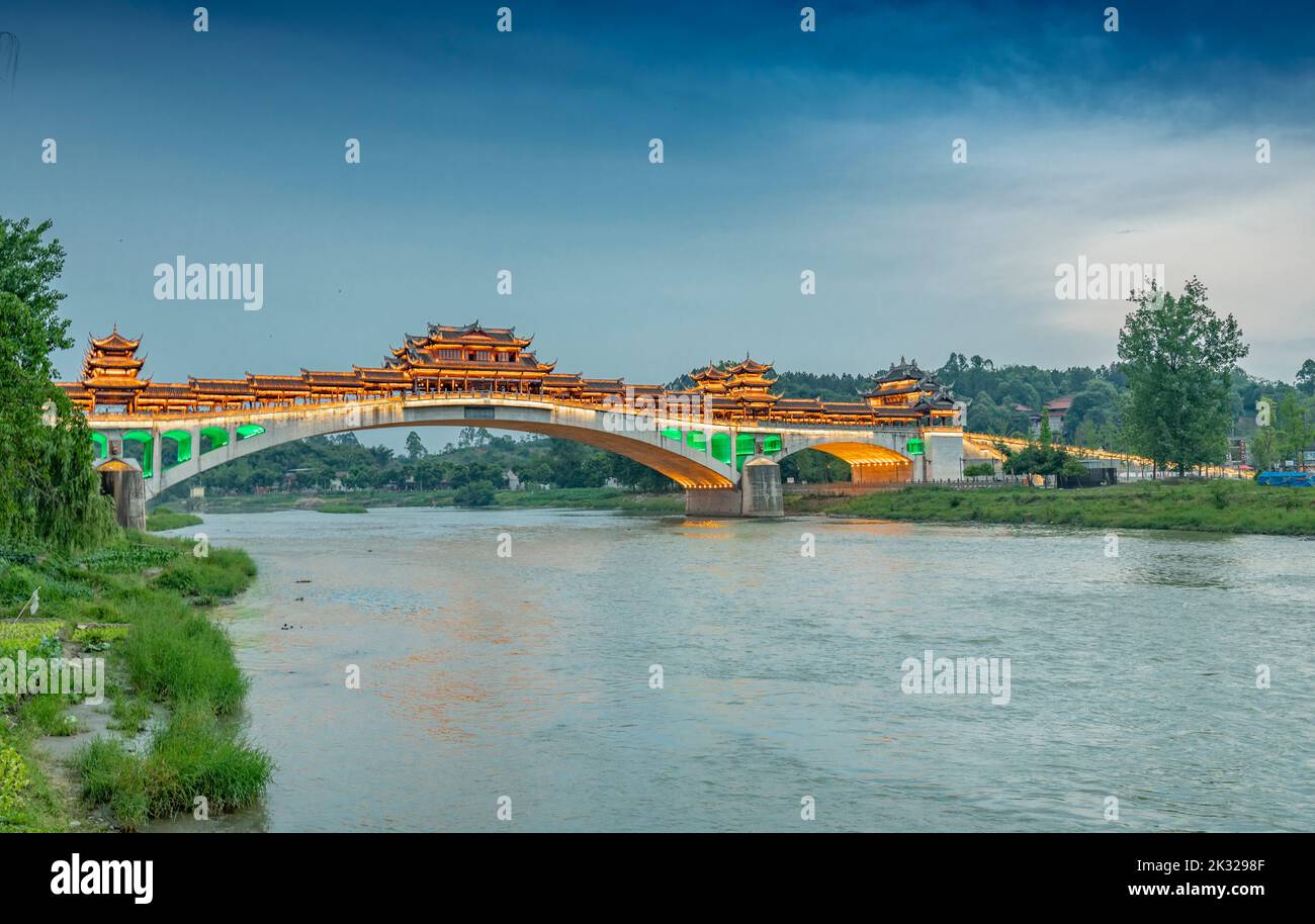 Night view of Huanglongxi Covered Bridge, Huanglongxi ancient town ...