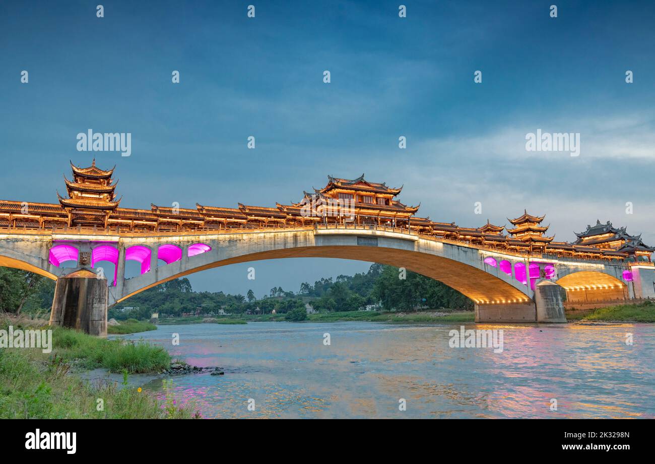 Night view of Huanglongxi Covered Bridge, Huanglongxi ancient town ...