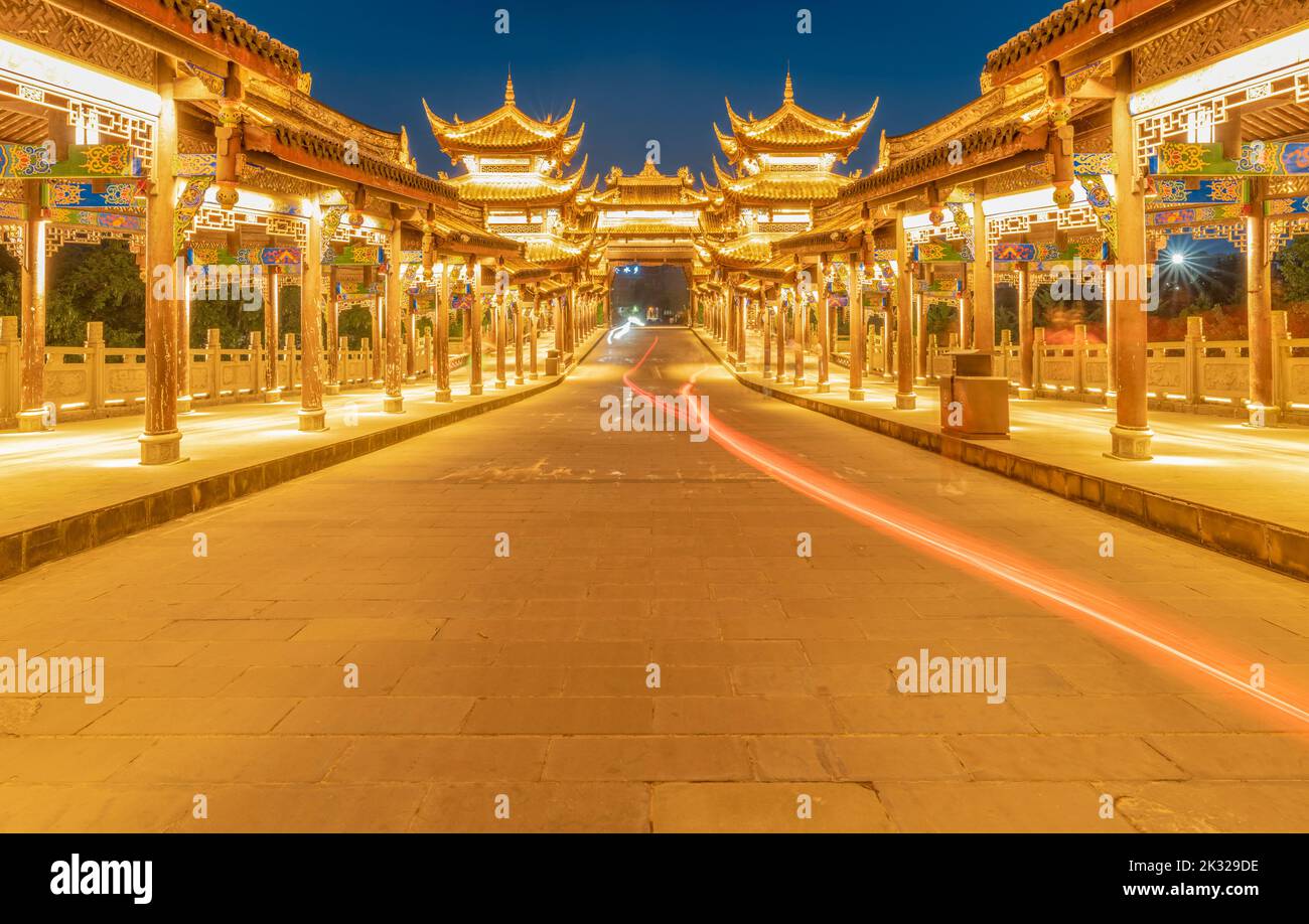Night view of Huanglongxi Covered Bridge, Huanglongxi ancient town ...