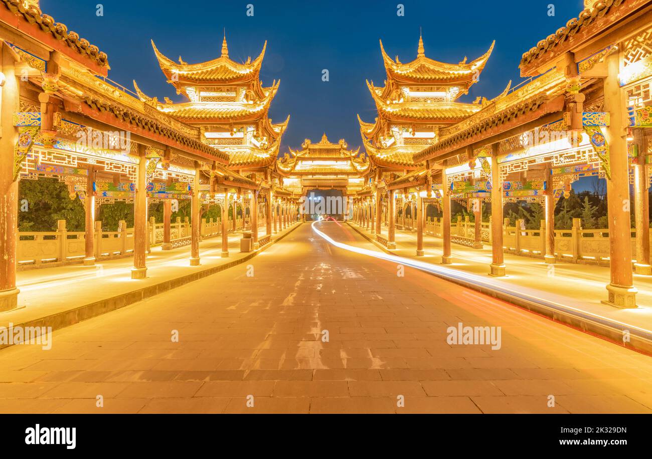 Night view of Huanglongxi Covered Bridge, Huanglongxi ancient town ...