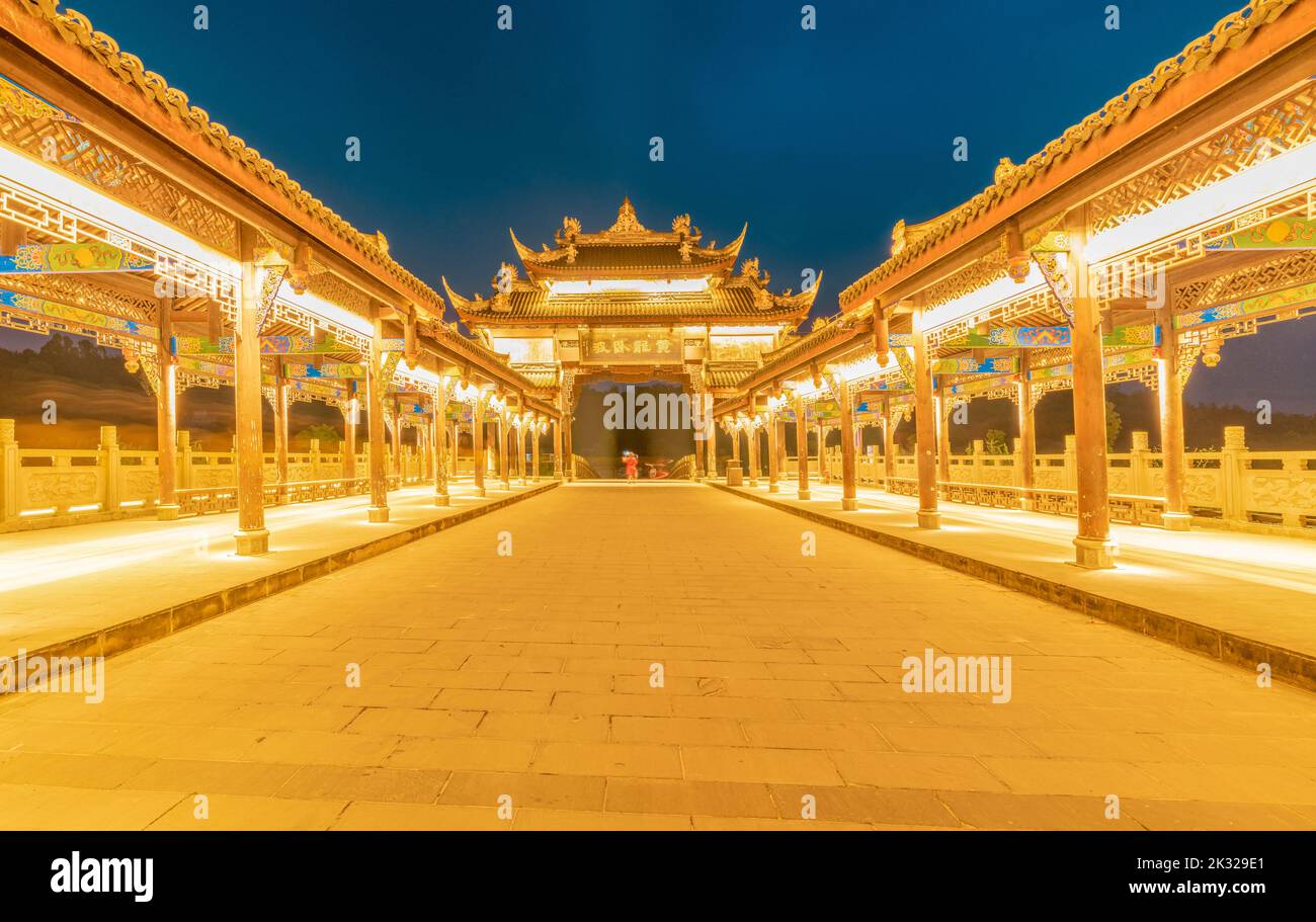 Night view of Huanglongxi Covered Bridge, Huanglongxi ancient town ...