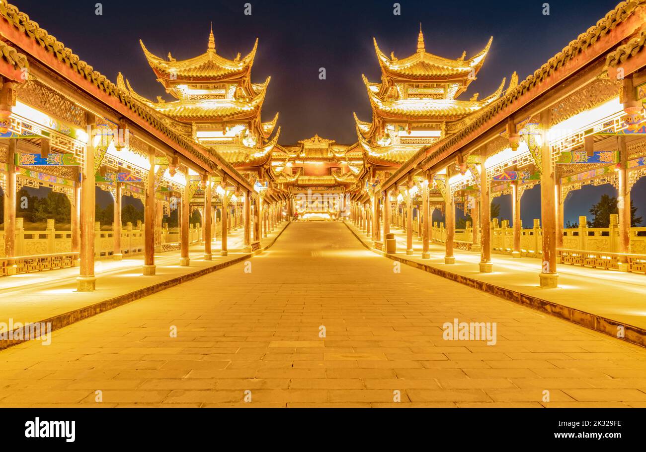 Night view of Huanglongxi Covered Bridge, Huanglongxi ancient town ...