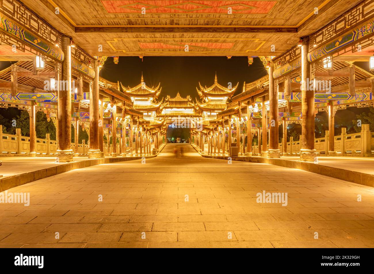 Night view of Huanglongxi Covered Bridge, Huanglongxi ancient town ...